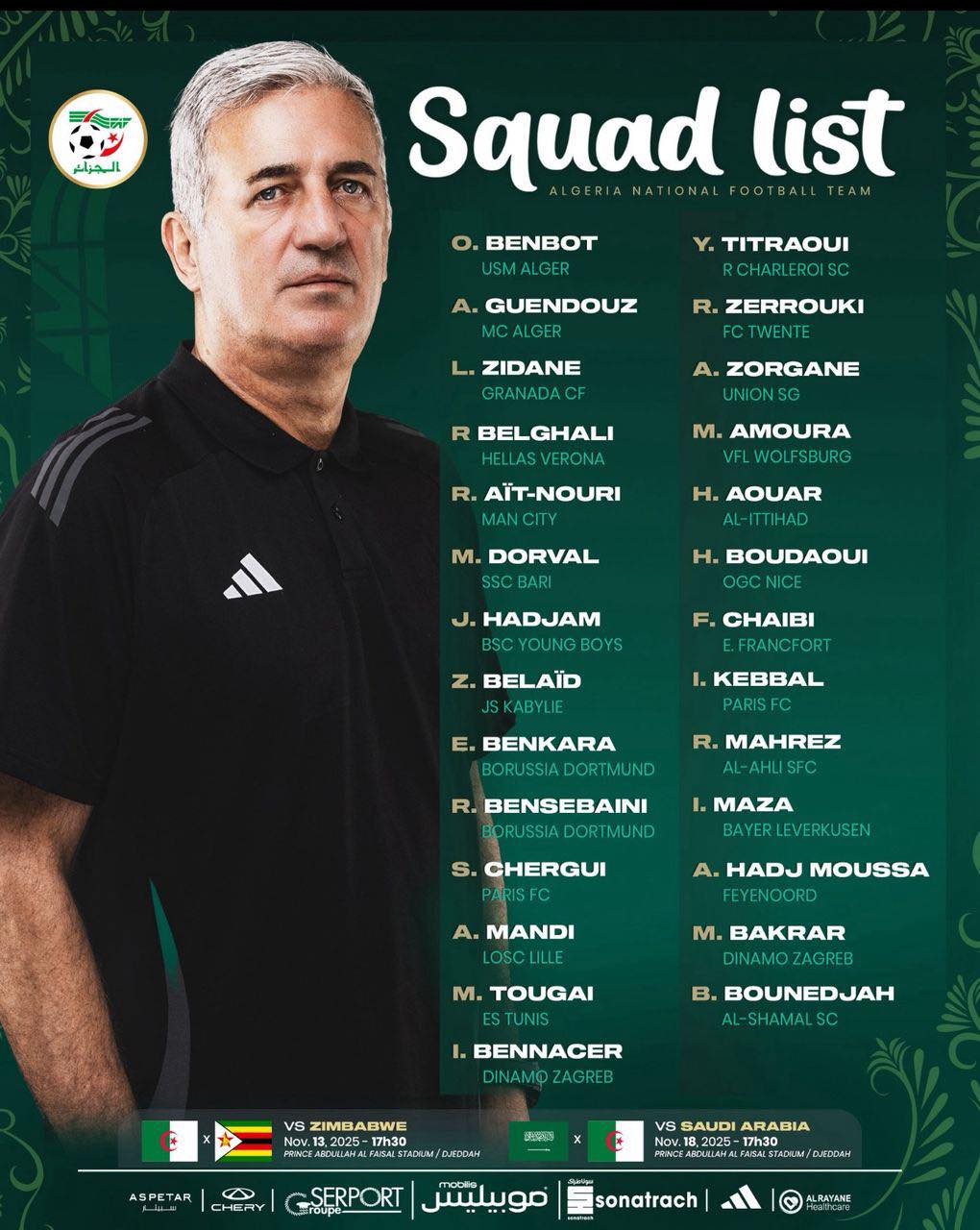 CAN-2025 (préparation) Algérie: Petkovic retient 27 joueurs, une première pour Benkara et ...