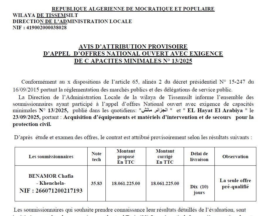 Avis d'Attribution Provisoire - Algerie 54